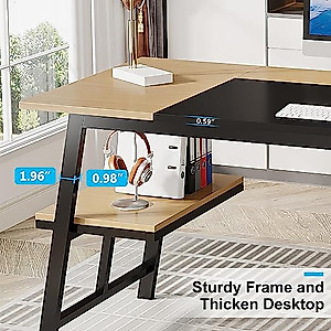 Tribesigns 63” Executive Desk with Storage Shelves, Large Office Computer Desk with Sturdy Metal Frame, Modern Study Writing Desk Workstation for Home Office, Natural/Black