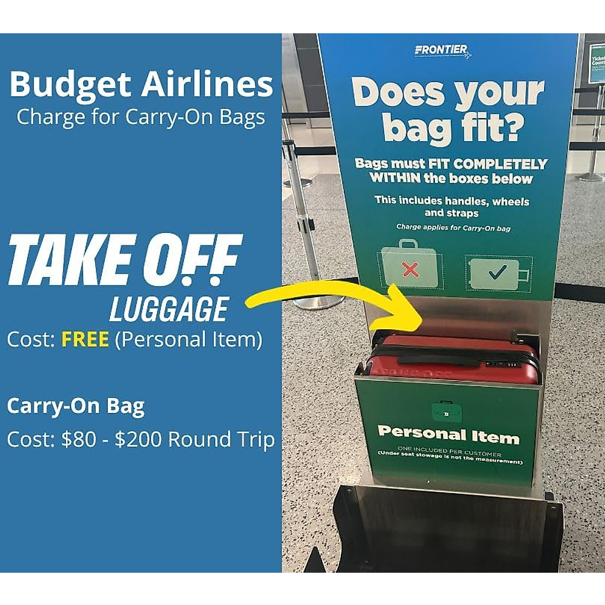 Take OFF Luggage 18 Inch Personal Item Removable Wheels Suitcase 2.0 Converts from Carry-On into Under the Seat Luggage and fits Sizers 18x14x8 Inches