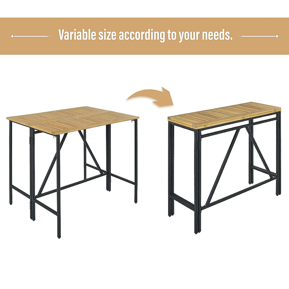 EMKK 10-Piece Outdoor Patio Bar, Garden PE Rattan Wicker Dining, Square, Foldable Acacia Tabletop, High-Dinner Bistro Set with 8 Stools and 2 Tables, H-Brown