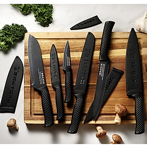 BRANIK 6Pc Black Kitchen Knife Set with Protective Sheaths & Giftbox, Premium German Steel with Special Non-Stick Coating making them Dishwasher Safe. Sharp black knives set for kitchen Knife set.