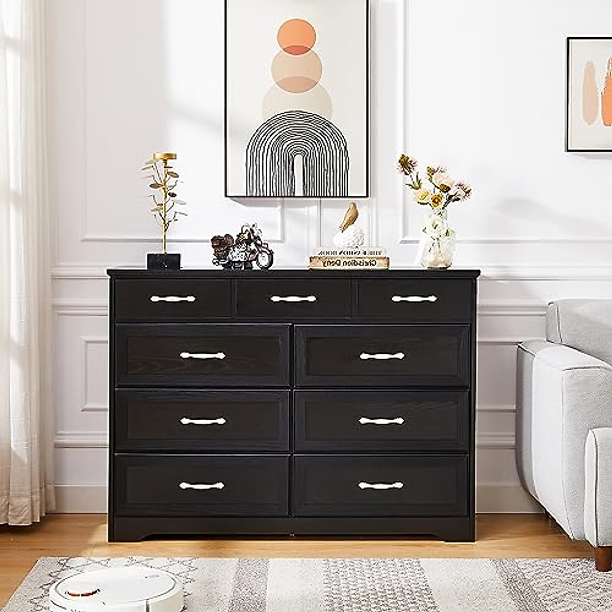 MengK Bedroom Dresser, 9 Drawer Long Dresser with Antique Handles, Wood Chest of Drawers for Kids Room, Living Room, Entry and Hallway, Black, 47.2'' W x 15.8'' D x 34.6'' H.