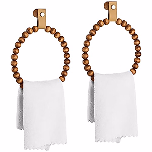 Vesici 2 Pcs Handmade Boho Towel Rack Bead Round Wood Ring Wall Mounted Bathroom Decor Wooden Bath Rings Rustic Farmhouse Hand Holder for Kitchen Stand Accessories