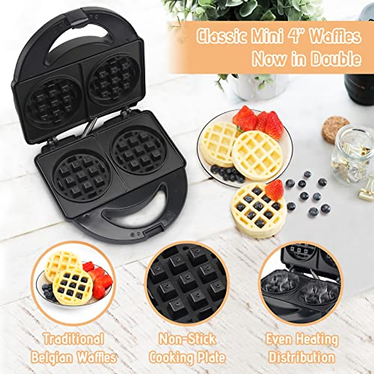 FineMade Double Mini Waffle Maker with 4 Inch Dual Non Stick Surfaces, Excellent Small Waffle Iron for Families, Kids and Individuals