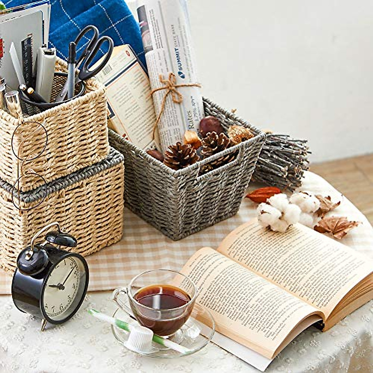 EZOWare 3 Durable Paper Rope Woven Storage Baskets, Braided Multipurpose Organizer Bins with Handle for Kids Baby Closets, Room Decor, Dog Cat Toys, Gift Baskets Empty - Gray