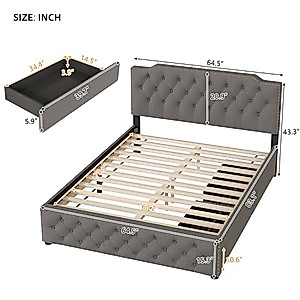 HBRR Queen Size Bed Frame with 2 Drawers and 2 Sets of USB Ports, Upholstered Platform Bed with Button-Tufted Headboard, Wooden Slats Support, No Box Spring Needed, Gray