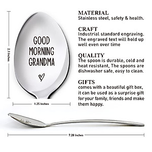 Good Morning Grandma Spoon Gift, Mother’s Day Birthday Thanksgiving Christmas Gifts for Best Grandma Ever, Mom Gifts from Granddaughter Grandson, Engraved Stainless Steel Spoon Gifts for Grandma