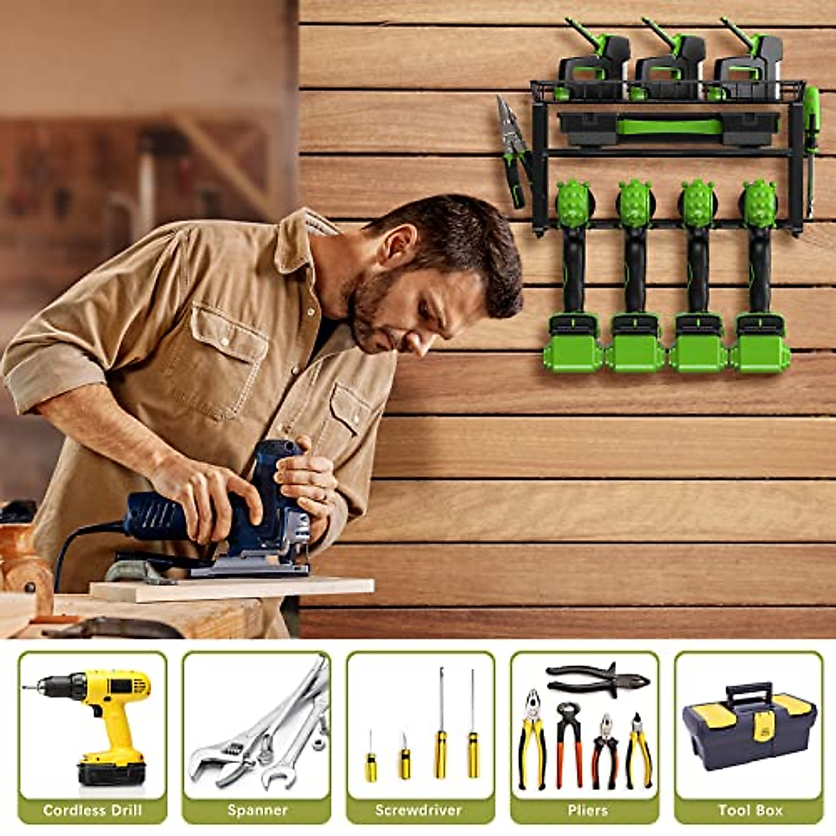 Power Tool Organizer,Tool Organization, PUKOKAL 3 Layers Heavy Duty Metal Tool Shelf with Basket, Tool Organizer and Storage Wall Mount, Utility Tool Rack for Screwdriver Pegboard Shed Workshop