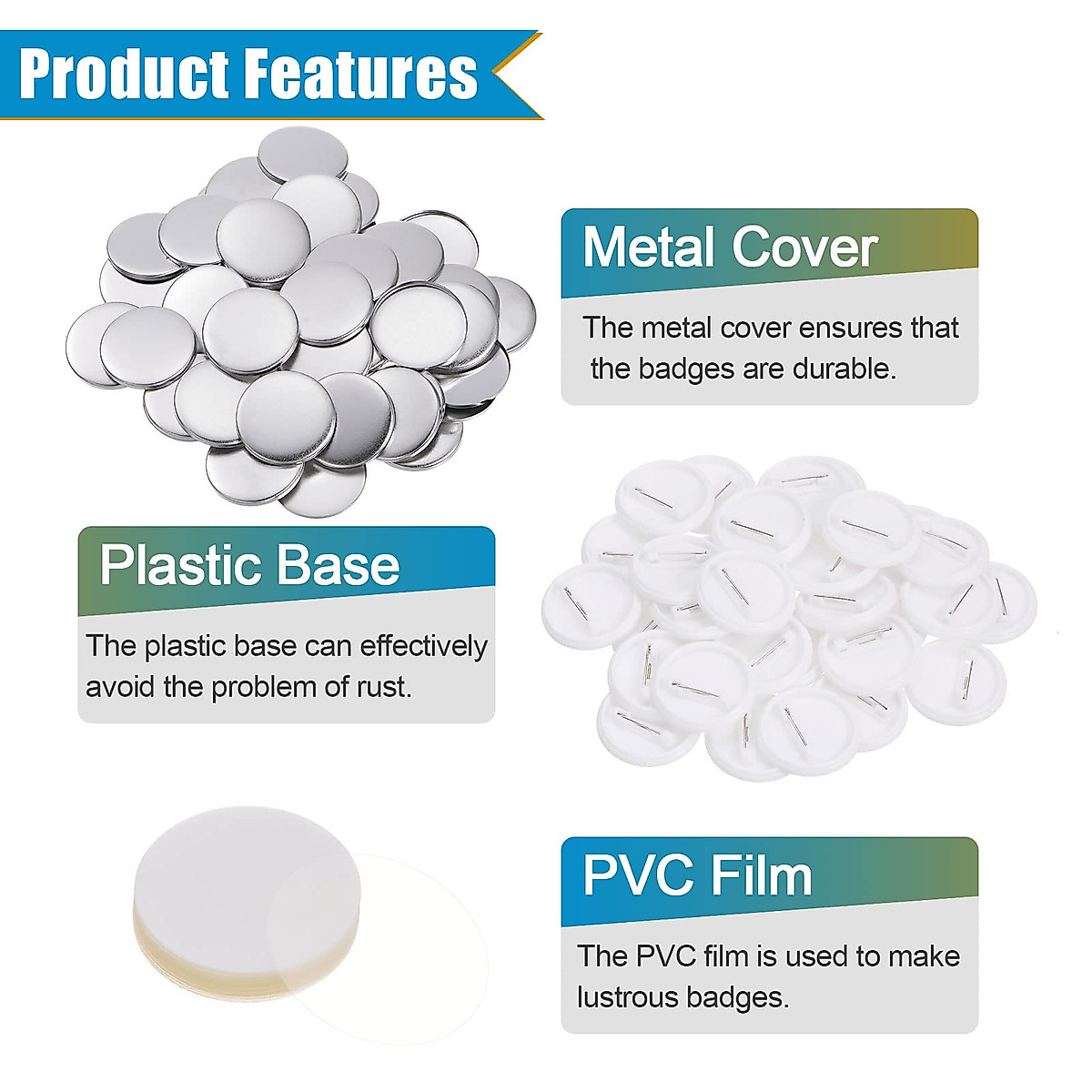 MECCANIXITY Blank Pin Back Button Parts, 32mm 1.26 Inch, 200 Set Sewing Buttons Round Metal Cover Plastic Button Back Clear Film for Button Maker Machine