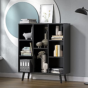 Cozy Castle Black Small Bookshelf, Wood 8 Cube Storage Organizer Book Shelves with Anti-Tilt Device, Freestanding Modern Bookcase for Bedroom, Office, Living Room