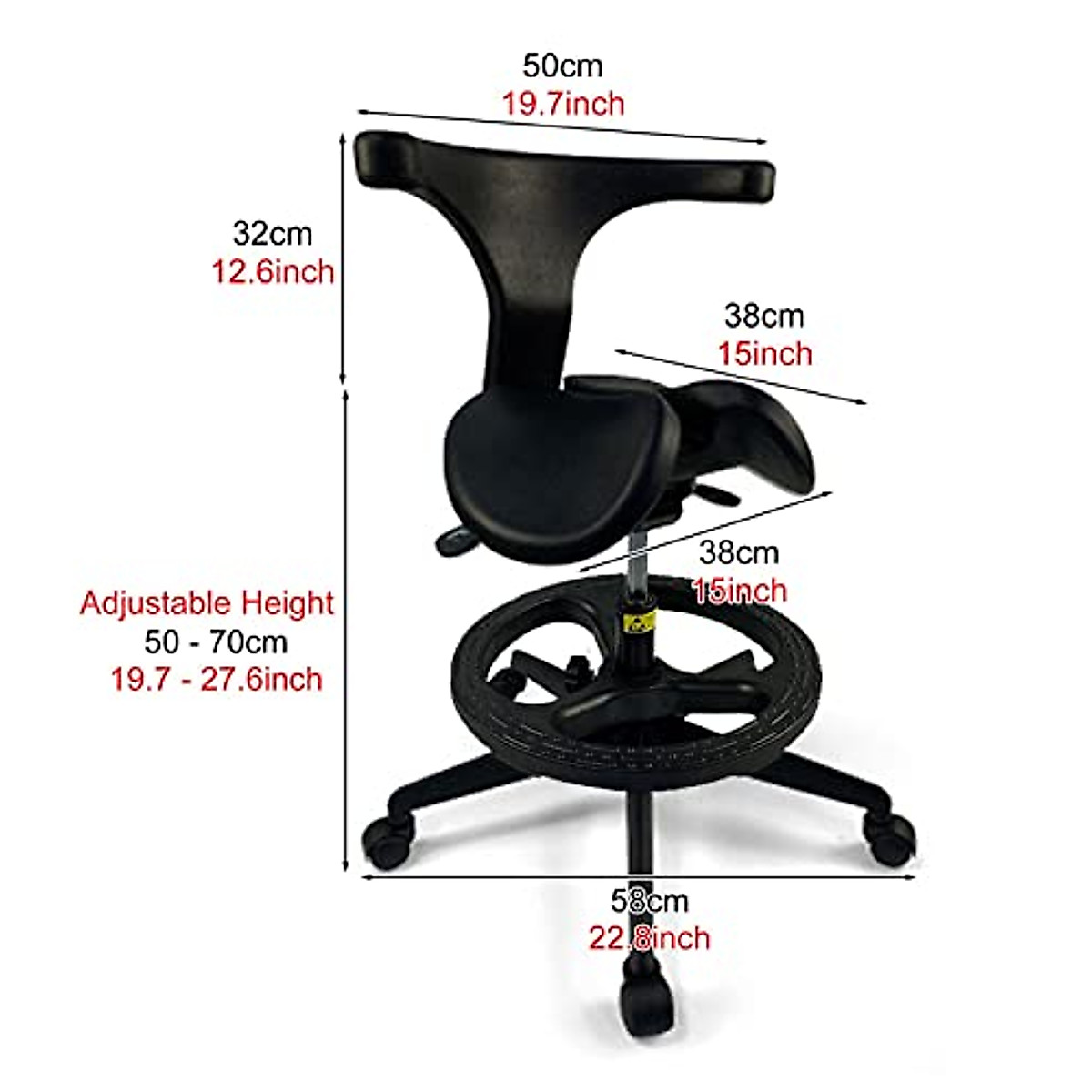 MIWOOYY Saddle Stool Massage Saddle Stool with Foot Rest ＆ Back Support, Spa Swivel Adjustable Rolling Facial Salon Chair with Wheels, Supports 200 Kg/ 440 Lbs