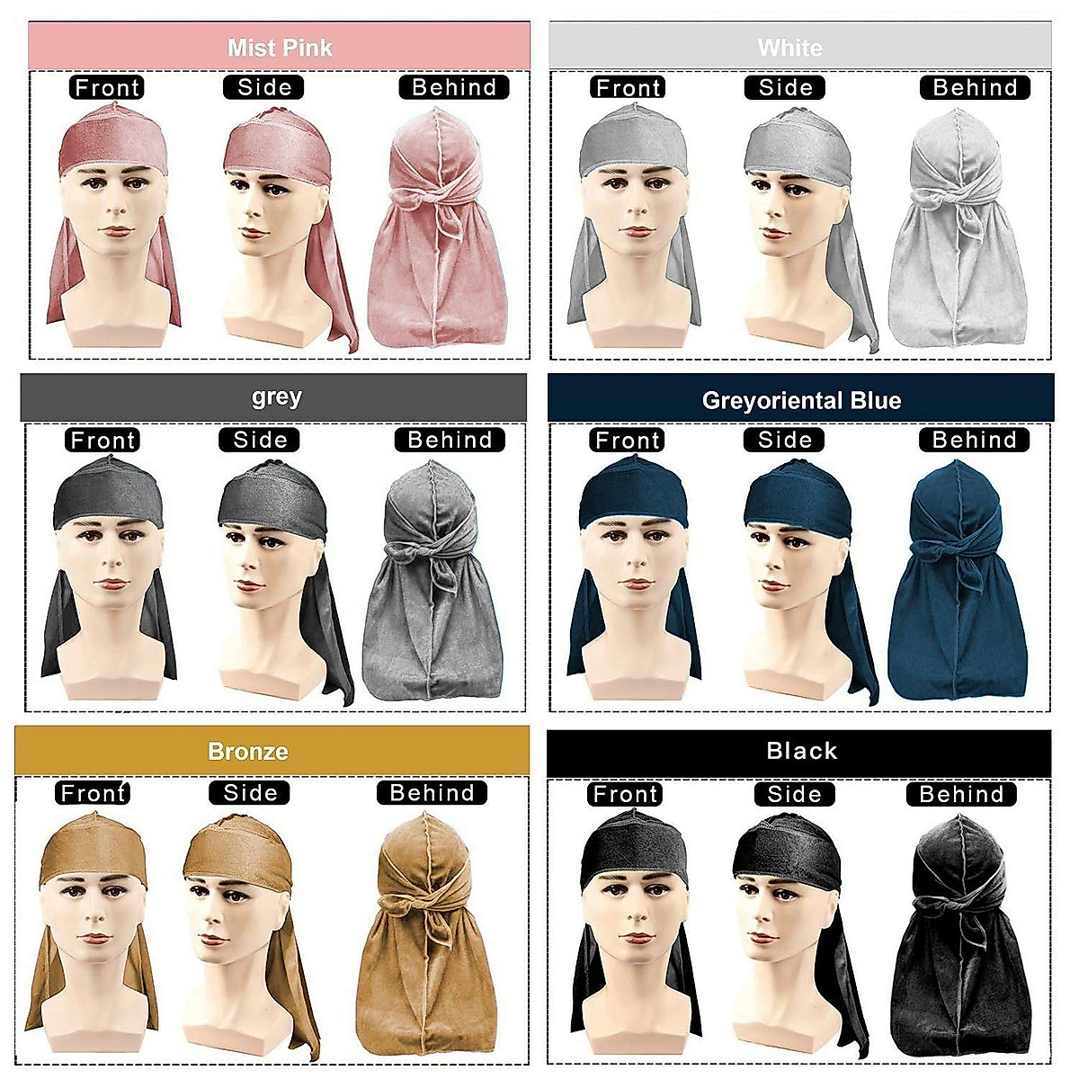 LEADUWAY 6Pcs Velvet Durag with 1 Wave Cap for 360 Waves Doo Rag(Mist Pink, Grey, Oriental Blue, Bronze, White, Black)