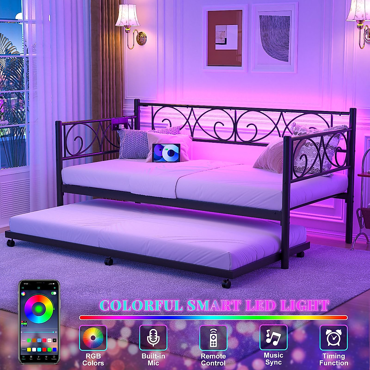 Unikito Daybed with Charging Station and LED Lights, Twin Daybed with Trundle Bed, Metal Sofa Day Bed Frame with Chic Headboard and Steel Slat Support for Living Room, Bedroom and Guest Room, Black