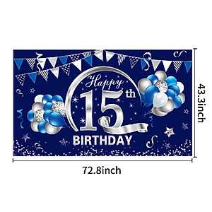 Kauayurk Blue Silver 15th Birthday Banner Decorations for Boys, Happy 15 Birthday Backdrop Party Supplies, Fifteen Birthday Poster Photo Props Background Sign Decor