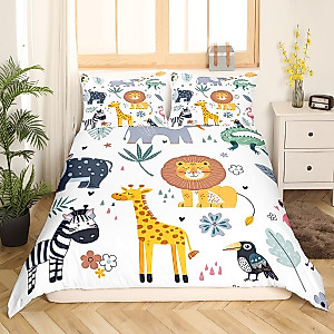 Kids Zoo Animal Duvet Cover Cute Wild Animals Bedding Set Cartoon Safari Wild Print Comforter Cover for Boys Girls Children Teens Bedroom Decor Exotic Natural Theme Bedspread Cover Full Size