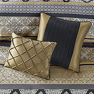 Madison Park Essentials Windsor 24-Piece Room in A Bag Comforter Set-Satin Jacquard All Season Luxury Bedding, Sheets, Decorative Pillows and Curtains, Valance, Queen (90 in x 90 in), Black/Gold