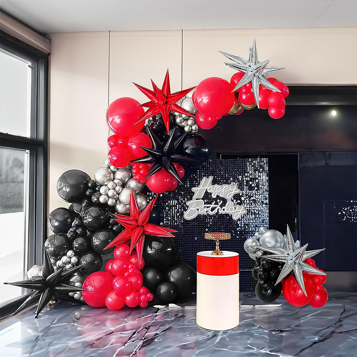 Red and black silver balloon garland arch kit 132 Pcs with mylar star balloons for 2024 graduation birthday red carpet party anniversary decorations