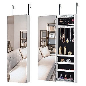 HOUAGI Mirror Jewelry Cabinet,Wall/Door Mounted Jewelry Armoire Organizer,42.5'' High Full Length Mirror with Jewelry Storage with Slide Rail, White-Slide Door