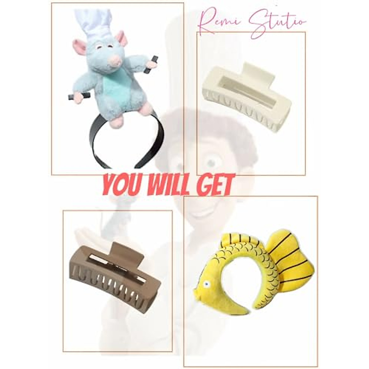 Fantasyer 2PCS Ratatouille Plush Headband Women Cute Funny, Ratatouille Hairband Clip Grabs Hair Costume Headwear Headband for Washing Face, Ratatouille+ratatouille