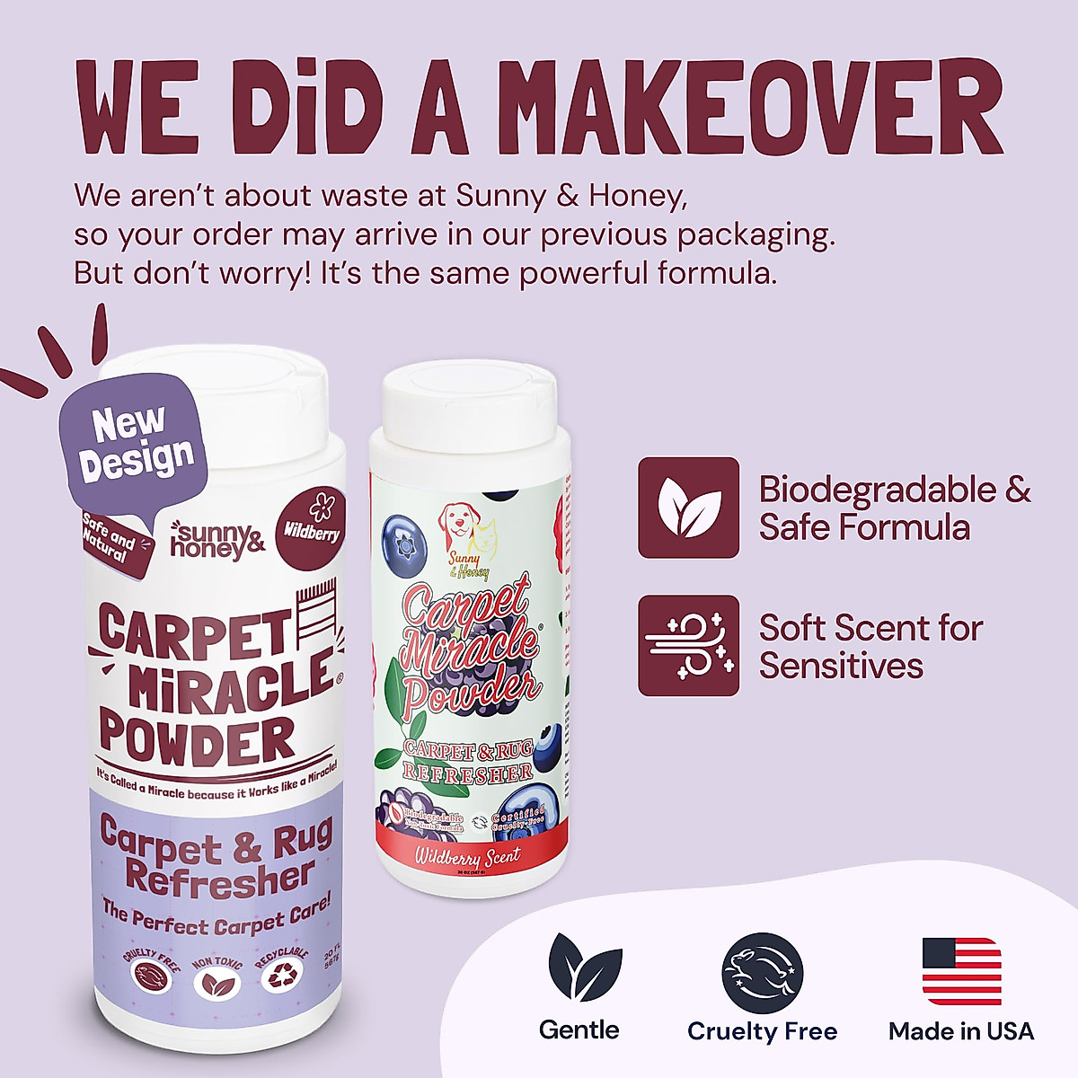 Sunny & Honey Carpet Miracle Powder - Dry Cleaner, Freshener & Deodorizer Powder for Kids & Pets (Wildberry Scent) - Carpet Cleaner & Upholstery Deodorizer