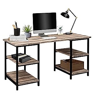 GOOD & GRACIOUS Computer Desk, Home Office Desk with 4 Storage Shelves on Left & Right Modern Simple Style 59" Long Large Study Table, Rustic Wood Desk