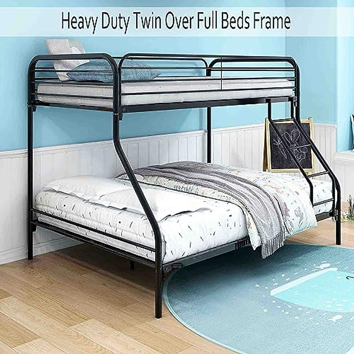 RIDFY Metal Bunk Bed with Guardrail and Ladders, Heavy Duty Twin Over Full Beds Frame for Kids/Teen/Adults, Space-Saving, Noise Free, No Box Spring Needed, Easy Assembly (Black)