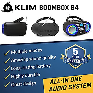 KLIM B3 Portable CD Player - New 2023 - FM Radio CD MP3 Bluetooth AUX USB RGB Lights - CD Boombox - Wired and Wireless Mode with Rechargeable Batteries - Upgraded CD Laser Lens - Digital EQ - Blue