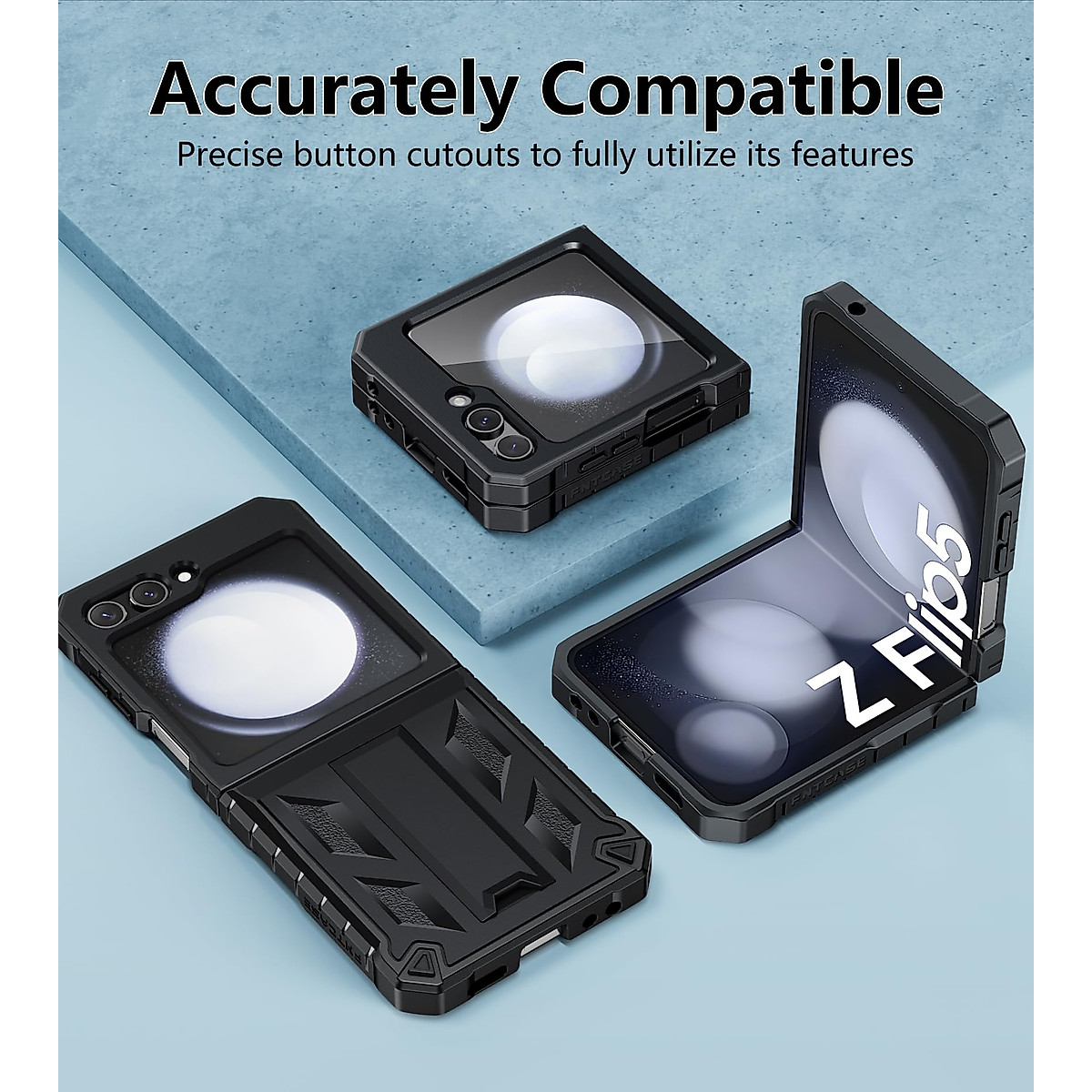 FNTCASE for Samsung Galaxy Z-Flip5 Case: Military Grade Protection Shockproof Cell Phone Cover with Built-in Screen Protector & Kickstand | Protective Rugged Armor Case for Z Flip 5 (2023) - Black