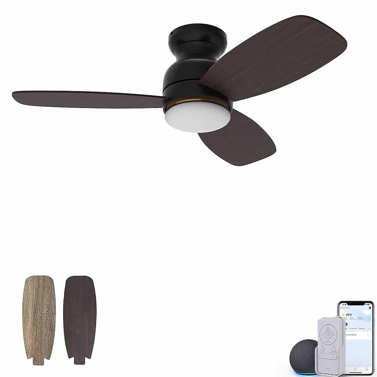 CEME 52" Black Smart Flush Mount Ceiling Fan with Lights, 10 Speeds, 3 Dimmable Light Colors, Alexa & Siri Compatible