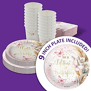 Butterfly Bridal Shower Party Supplies 64 Piece Tableware Set Includes Large 9" Paper Plates Dessert Plates, Cups and Napkins Kit for 16