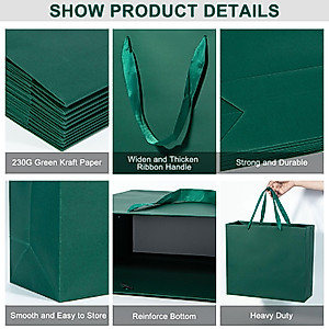 Umoofine Large Green Gift Bag with Ribbon Handles 12 Pack, 12.6x4.5x11 inches Extra Large Blackish Dark Green Gift Bag , Reusable Heavy Duty Deep Green Kraft Bag Paper Bags Bulk for Shopping, Wedding,