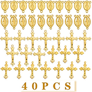 Aylifu 40pcs Golden Rosary Cross Charms and Center Miraculous Medal with Maria Crucifix Cross Pendants and Oval Chandelier Links for Easter Holidays Rosary Jewelry Making, 4 Styles