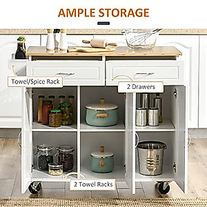 HOMCOM Rolling Kitchen Island Cart on Wheels with Large Bamboo Countertop, 2 Cabinets with Drawers, Adjustable Shelves, White