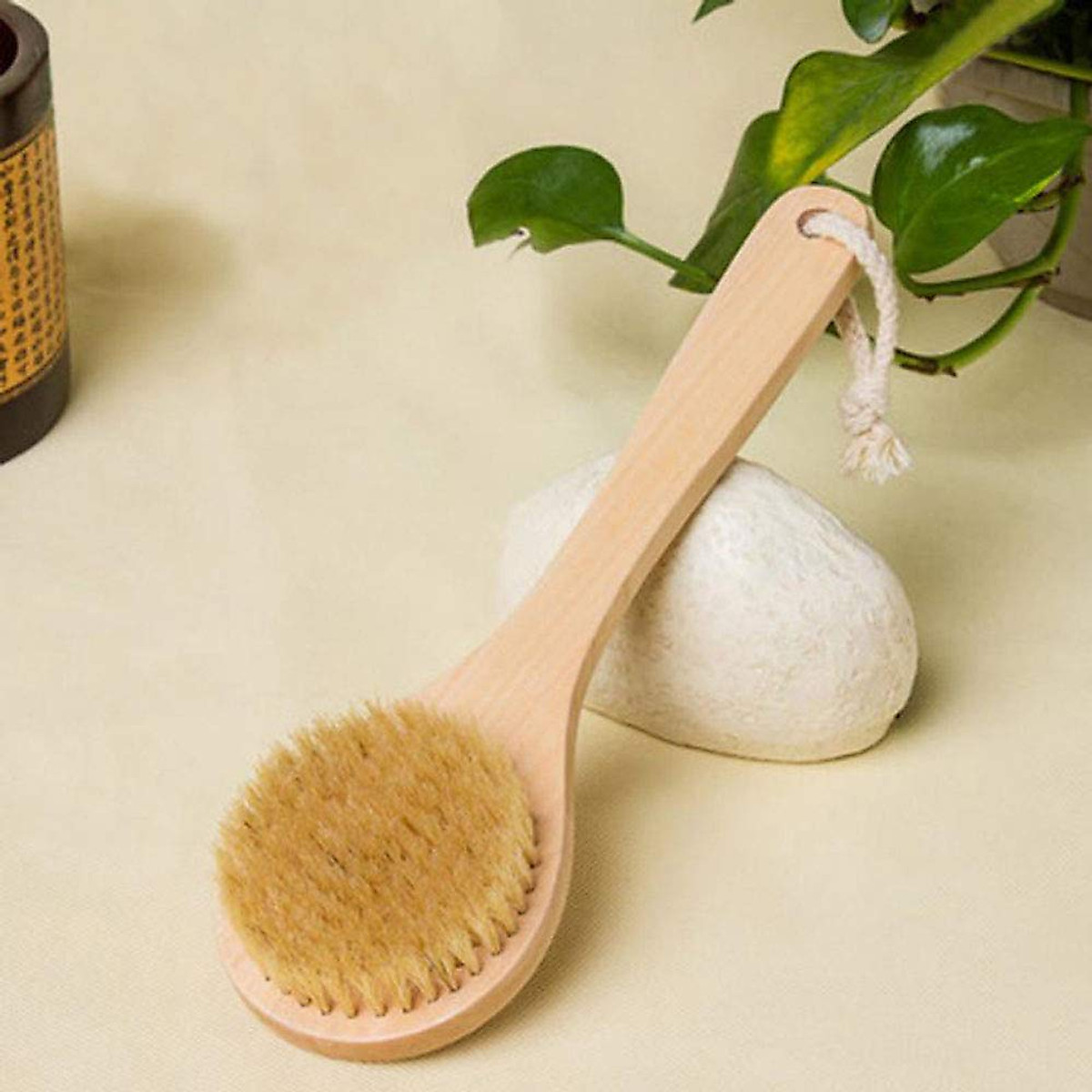 HiKin Dry Bath Body Brush Back Scrubber 9.84", Short Handle Natural Bristles Bath & Shower Brush with Anti-Slip Wooden Handle, Perfect for Exfoliating/Blood Circulation/Detox and Cellulite, etc.