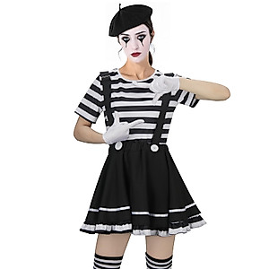 SOLOTIMES Adult Women French Mime Costume Outfit Girls Paris Artist Halloween Cosplay Shirt Dress Beret Socks Gloves Suit Set (Large)
