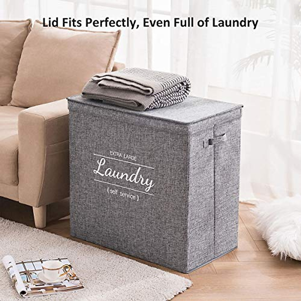 YOUDENOVA Double Laundry Hamper with Lid, Divided Dirty Clothes Basket with 2 Removable Liner Bag, Dual Hampers for Laundry Sorter 2 Section, Grey