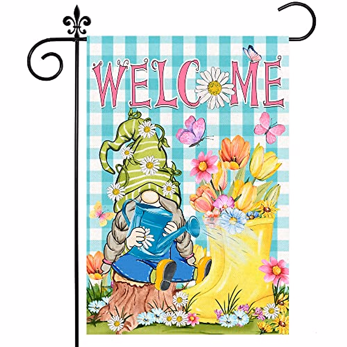 Spring Garden Flag, Spring Flags 12x18 Double Sided, Burlap Hello Spring Yard Flag with Gnomes Boots Blossoms Butterfly Welcome Seasonal Vertical Summer Signs for Outdoor Outside Lawn Decorations