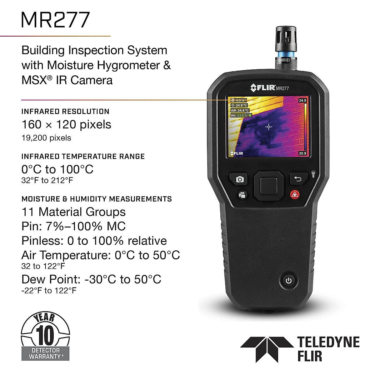 FLIR MR277 Moisture Meter, MSX IR Camera & Hygrometer for Building Inspection & MR06 Wall Cavity Probe