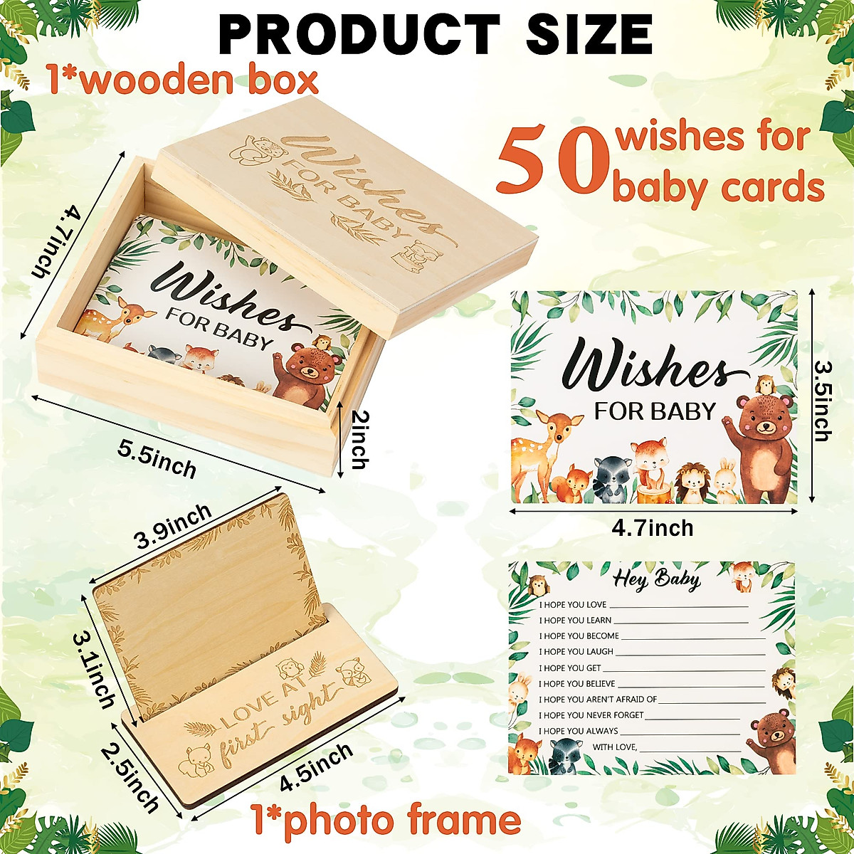 R HORSE 50Pcs Wishes for Baby Cards, Woodland Baby Advice Cards for Baby Shower Guest Book Alternatives, Wishes Cards with Wooden Baby Keepsake Box Sonogram Photo Frame for Baby Shower Game