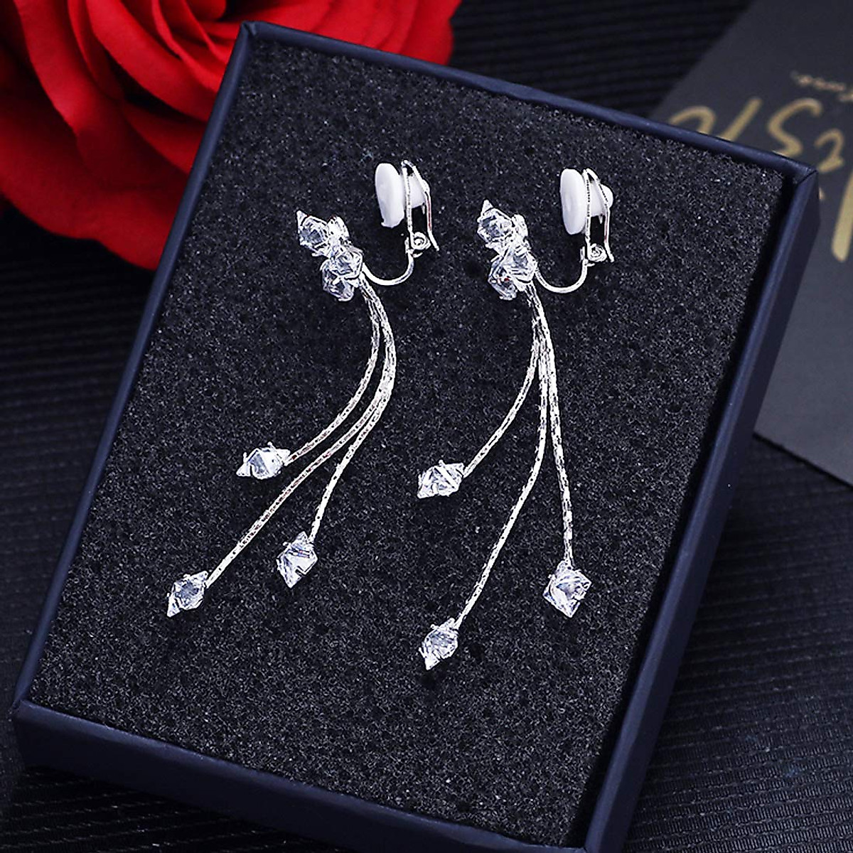 YOQUCOL Women Cubic Zirconia Crystal Long Drop Dangle Clip On Earrings For Not Pierced Women