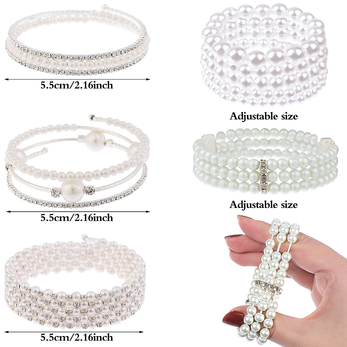 Beupy 9 Pcs Faux Pearl Bracelet 3-Row Pearl Stretch Bracelet Multilayer Pearl Elastic Bangle Vintage Wedding Bridal Bridesmaid White
