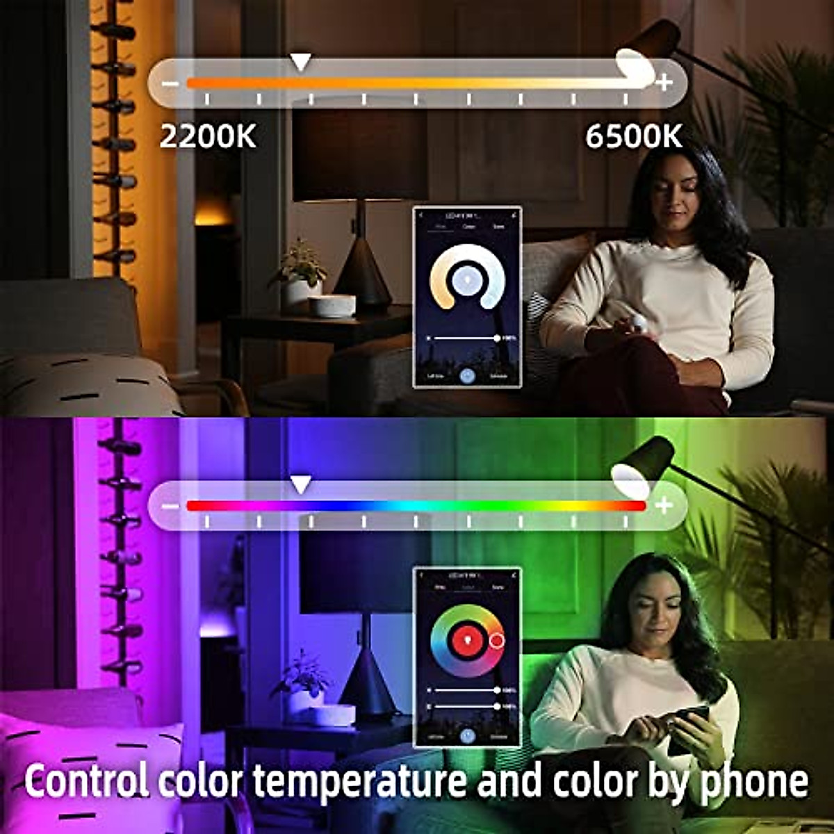 A19 Smart LED Light Bulbs 9W 800LM WiFi & Bluetooth, Compatible with Alexa & Google Assistant, RGB 2200K-6500K Dimmable Color Changing, Group Control, No Hub Required, 4 Pack