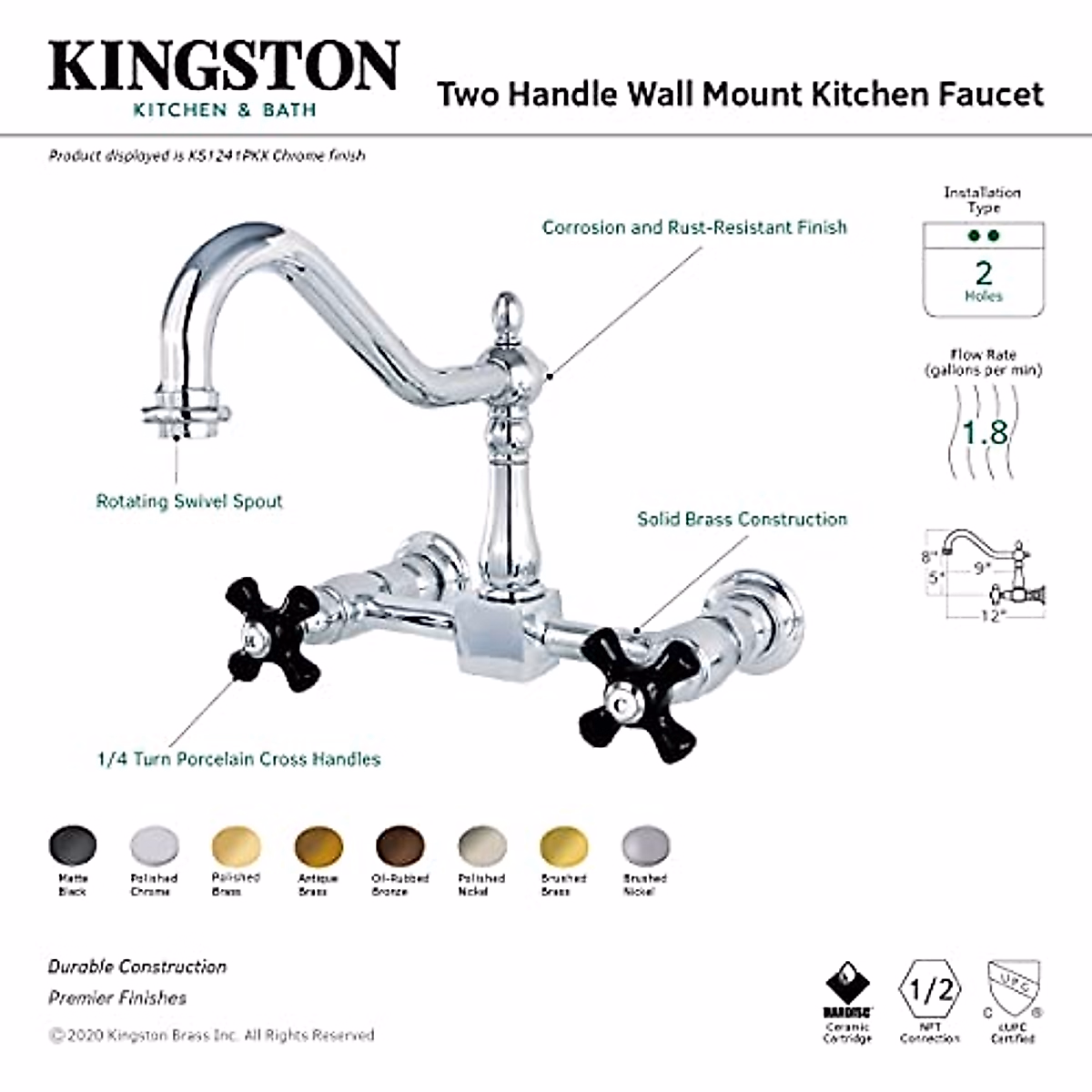 Kingston Brass KS1245PKX Duchess Bridge Kitchen Faucet, 9-7/16", Oil Rubbed Bronze