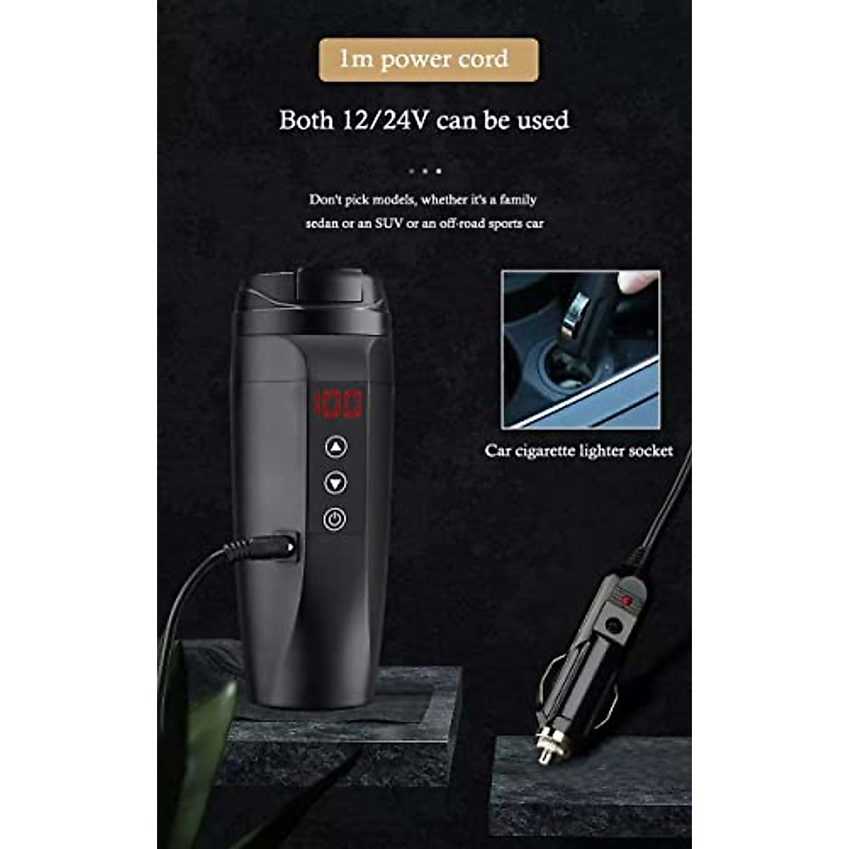 Smart Travel Car Heated Mug Portable Electric Cup 12/24V Stainless Steel Tumbler Anti-Spill lid Leakproof LCD Display Temp Control Thermos Keep Coffee Milk Tea Warm Safe for use Easily Washing