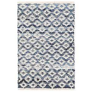 Dash and Albert Denim Rag Diamond Ivory Handwoven Cotton Rug, 3 X 5 Feet, Blue Geometric Pattern