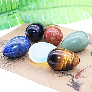 Natural Opal Pink Crystal Topaz Crystal Egg Sphere Sculpture Reiki Healing Crystal Gemstone Stone Quartz Egg Divination Figurine with Wood Stand for Home Decoration (7 Eggs)