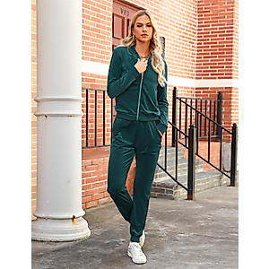 Totatuit Velour Sweatsuits Womens Set2 Piece Zip Up No Hood Sweatshirts Velour Joggers Sweatpants Sports Outfit Set With Pockets Green XX-Large