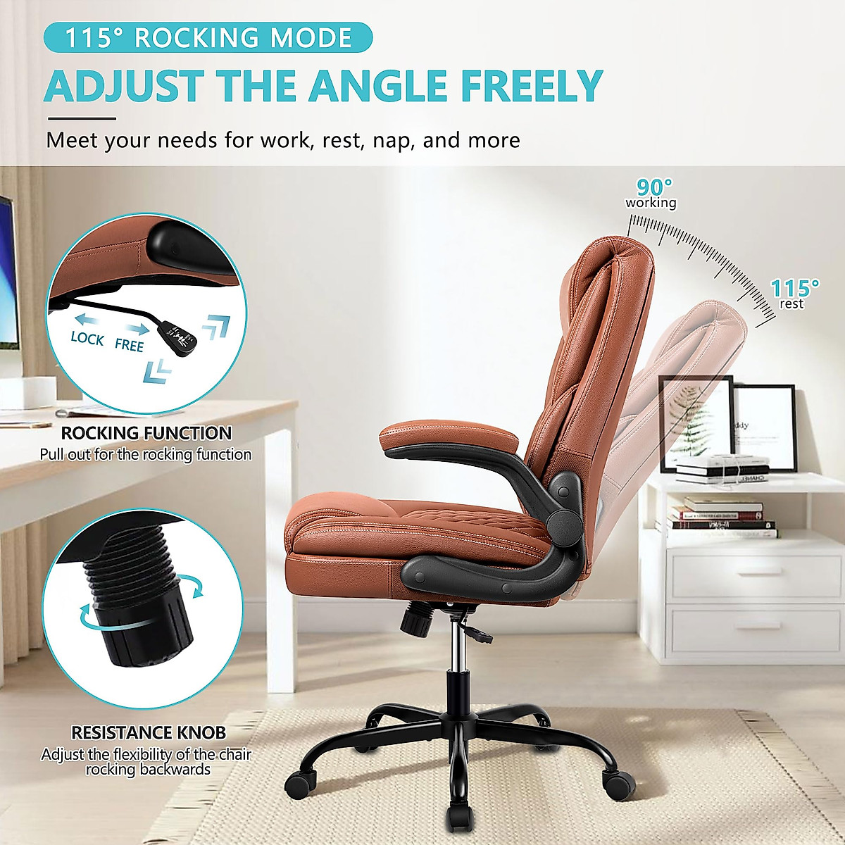 BestEra Office Chair, Executive Leather Chair Home Office Desk Chairs, Ergonomic Computer Desk Chair with Adjustable Flip-Up Arms, Lumber Support Swivel Task Chair with Rocking Function (Brown)
