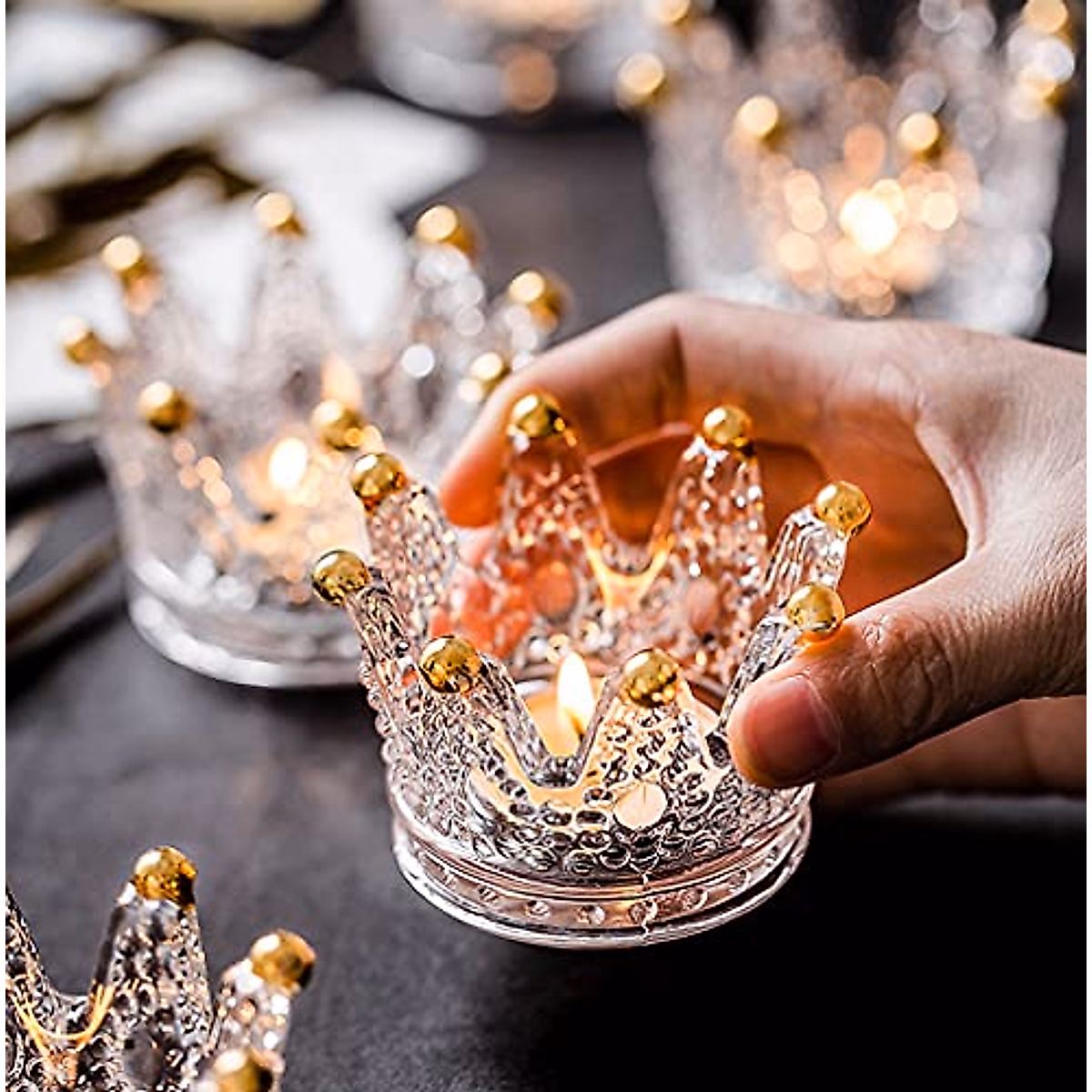 Vixdonos Votive Candle Holders Set of 6 Crown Glass Tealight Candle Holder for Wedding, Party and Home Decor (Gold Tips)