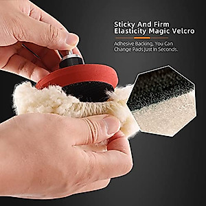 SPTA Wool Polishing Pad, 5Pcs 3"(75mm) 100% Natural Wool Buffing Pad with 1Pc Hook&Loop Backing Pad, 1Pc Extension Shank for Drill Polisher Cutting, Car Body Repair Buffing