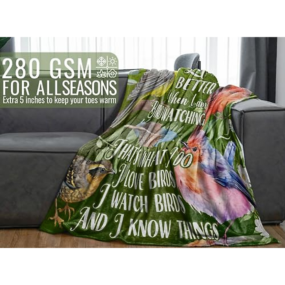 Bird Watching Gifts, Bird Blanket for Bird Lovers & Bird Watchers, Bird Lover Gifts, Bird Nerds Gifts, Bird Watching Blanket, Blanket for Bird Lovers, 65 x 50 Inches Flannel Throw Blanket, Green